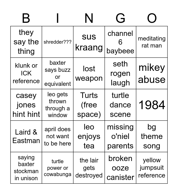 Butant Bayhem Bovie Bingo Card