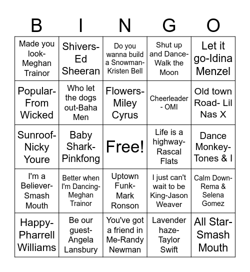 SONG BINGO! (KIDS) K1 Bingo Card