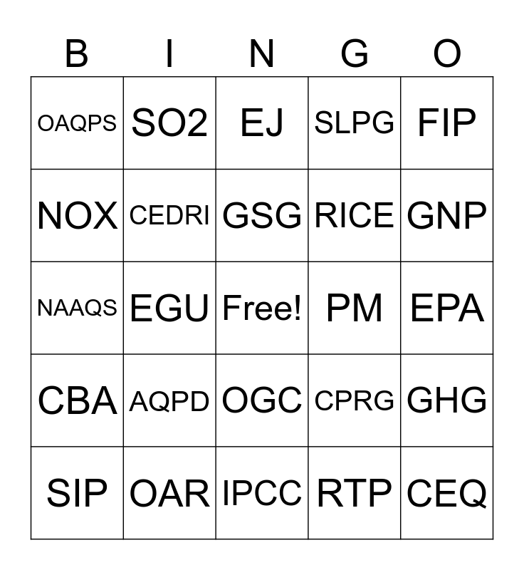 EPA Acronyms: AKA Awash in Abbreviations Bingo Card