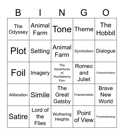 Literary Bingo Card