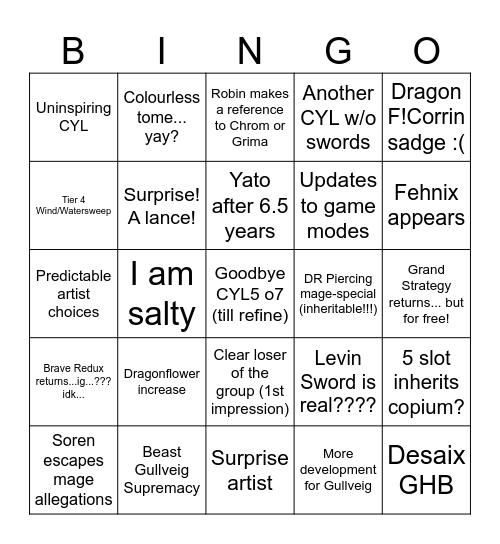 FEH CYL Feh Channel Bingo Card