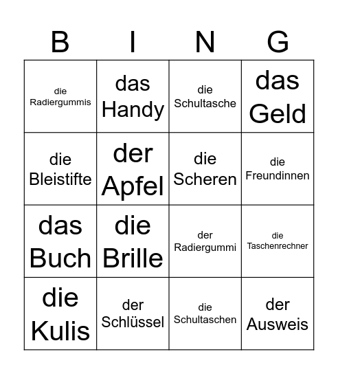 Schulsachen Bingo Card