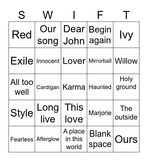 SWIFT Bingo Card