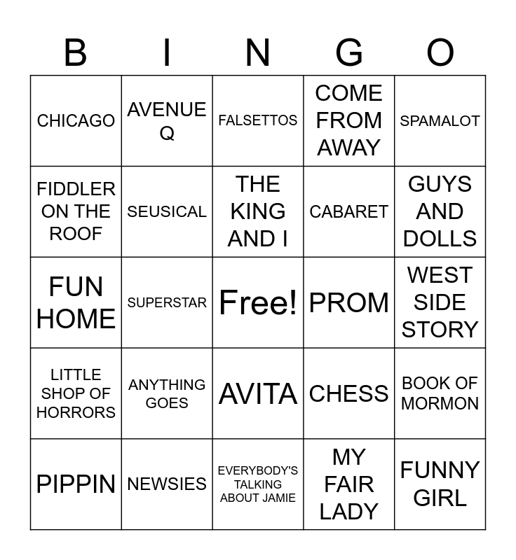Grant's Broadway Bingo Card