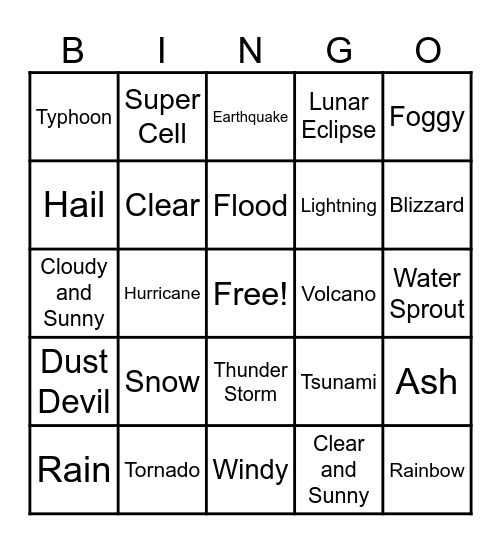 Weather/Natural Disaster Bingo Card