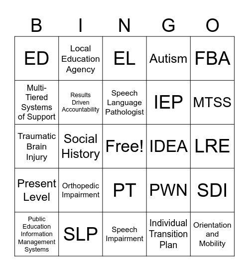 Special Education Terminology Bingo Card Special Education Terminology Bingo Card
