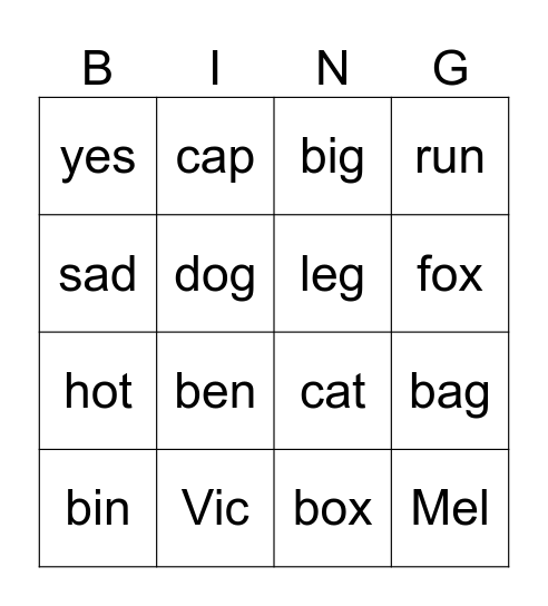 CVC words Bingo Card