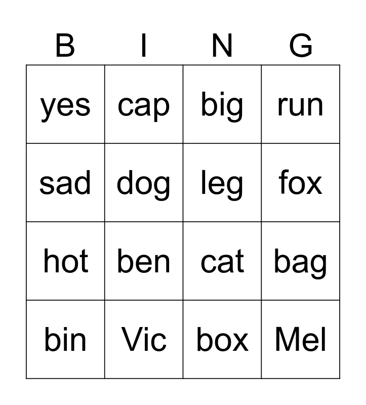 CVC words Bingo Card