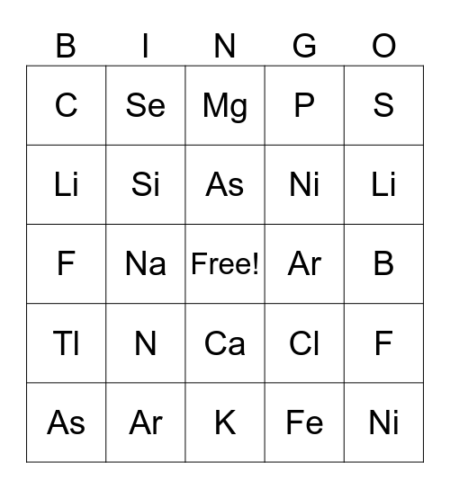 Elements Bingo Card
