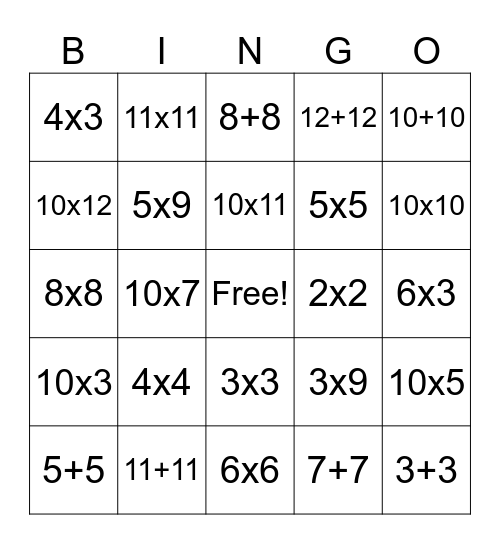 Math Fact Bingo Card