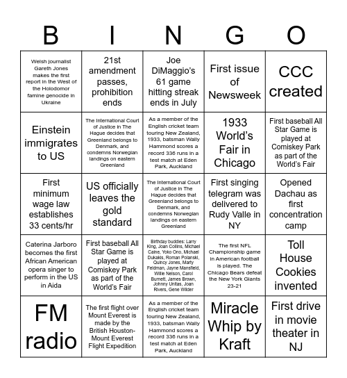1933 Bingo Card