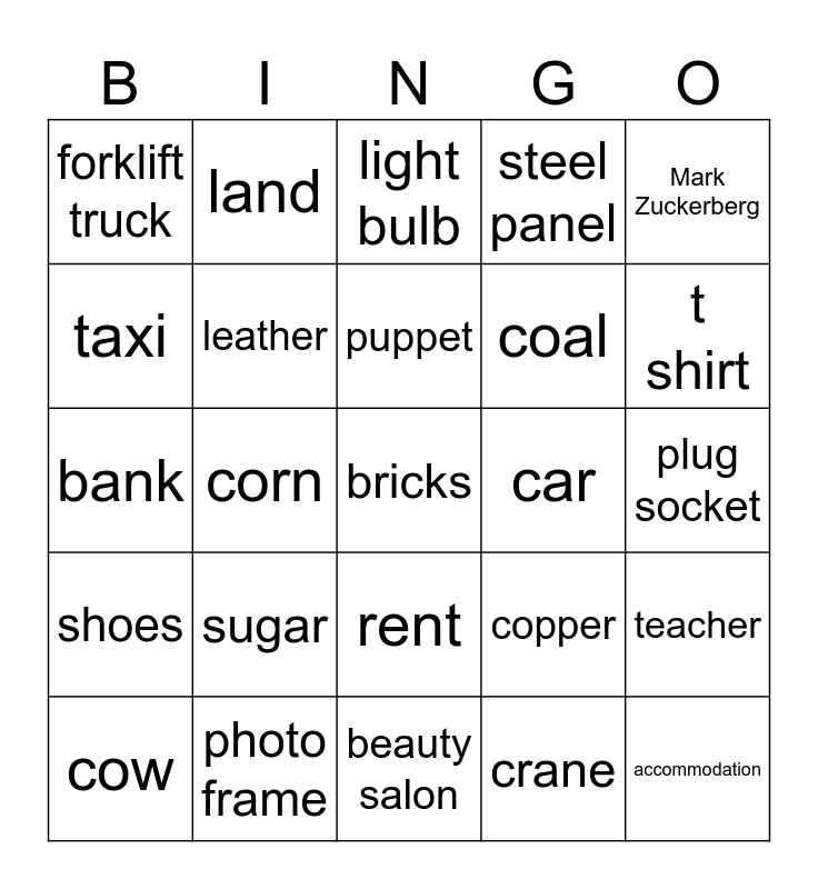 Goods and services Bingo Card