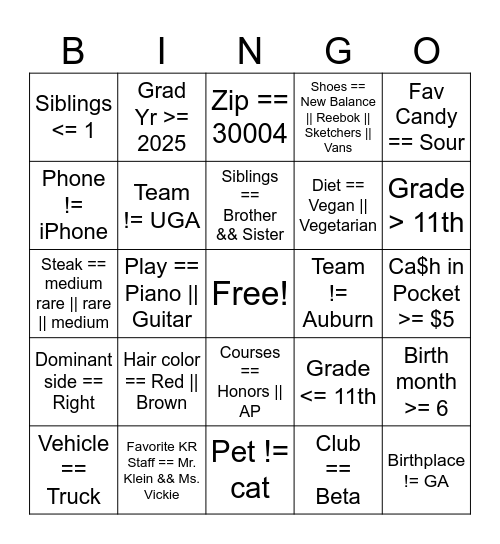 APCSP Boolean Bingo Card
