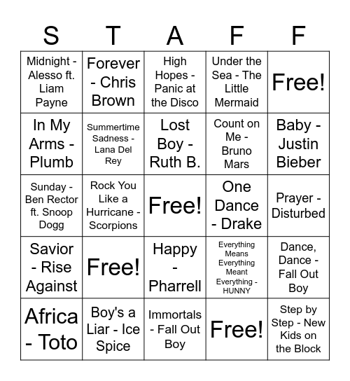 Guess the Staff! Bingo Card