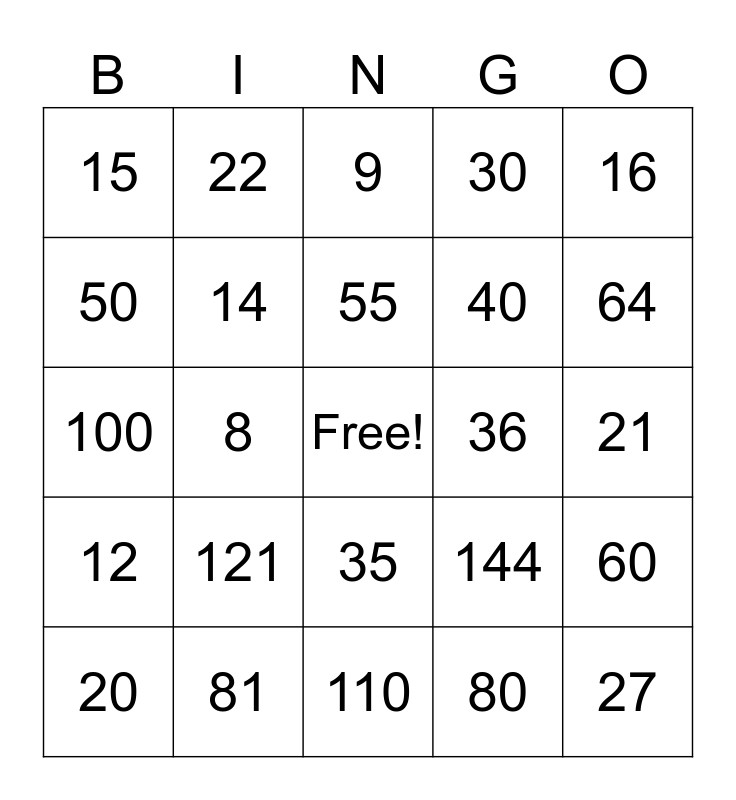 Math Facts Bingo!! Bingo Card
