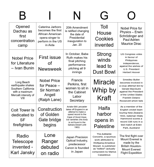 1933 Bingo Card