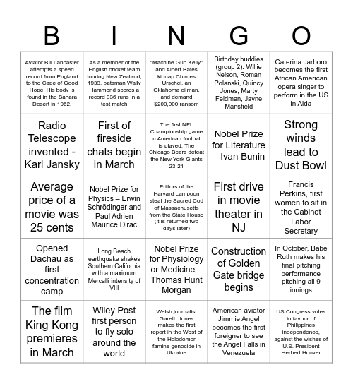 1933 Bingo Card