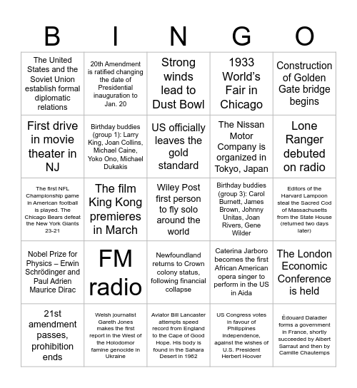 1933 Bingo Card