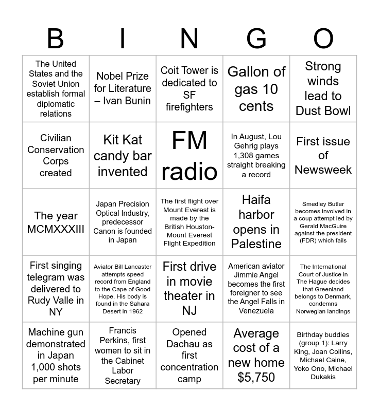 1933 Bingo Card