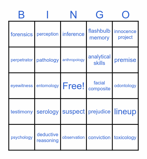 Forensics Vocabulary: Unit 1 Bingo Card