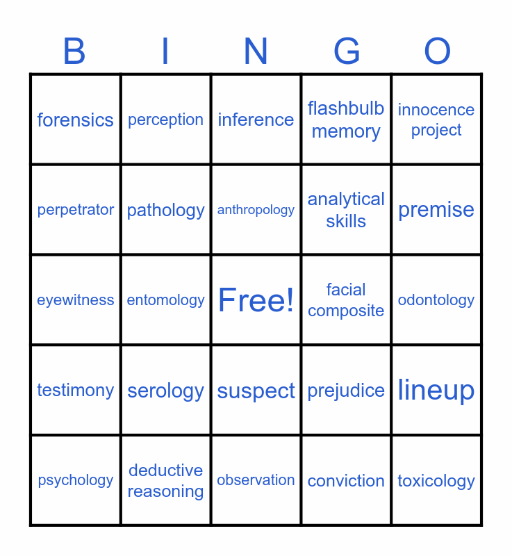 Forensics Vocabulary: Unit 1 Bingo Card