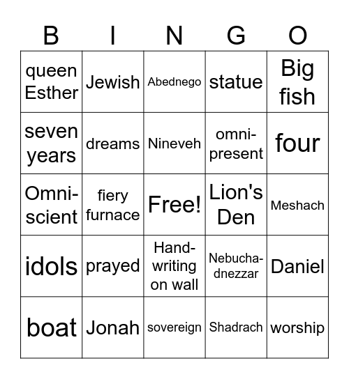 Jonah, Esther, Daniel Bingo Card