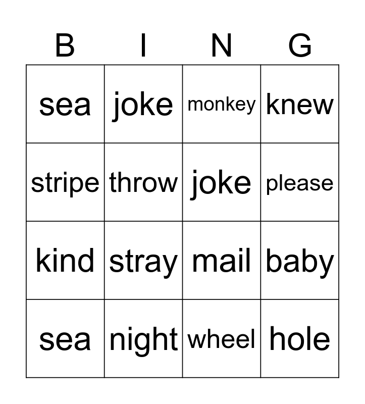 Long vowel families Bingo Card