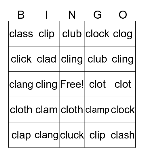 cl consonant blends Bingo Card