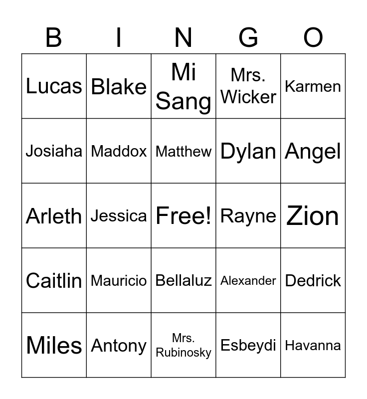 Core 2 Bingo Card