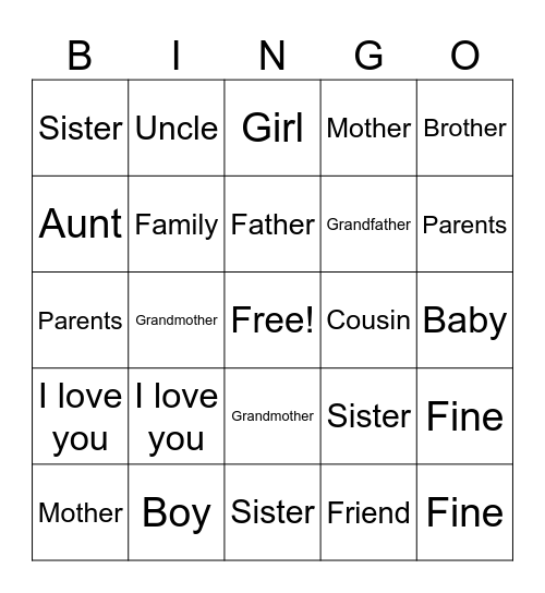 Family Words Bingo Card