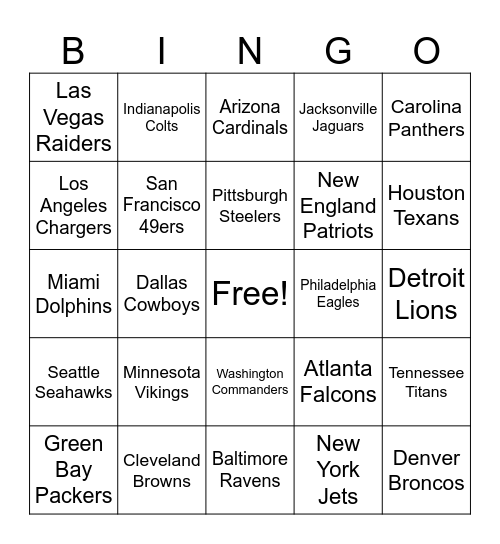 NFL BINGO Card