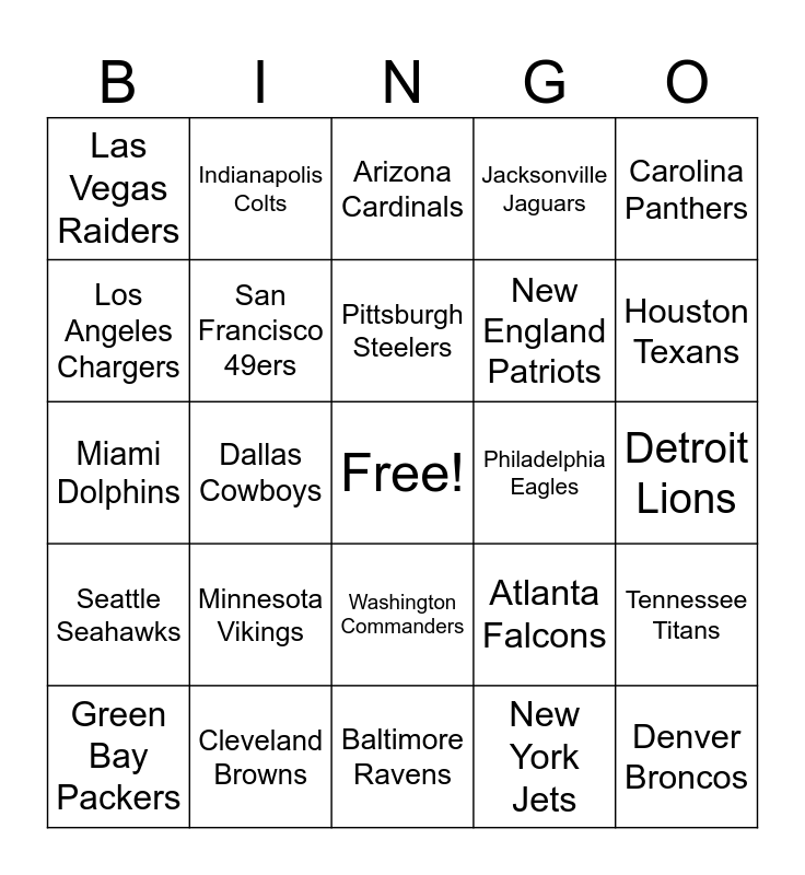 NFL BINGO Card