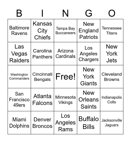 NFL Bingo Card