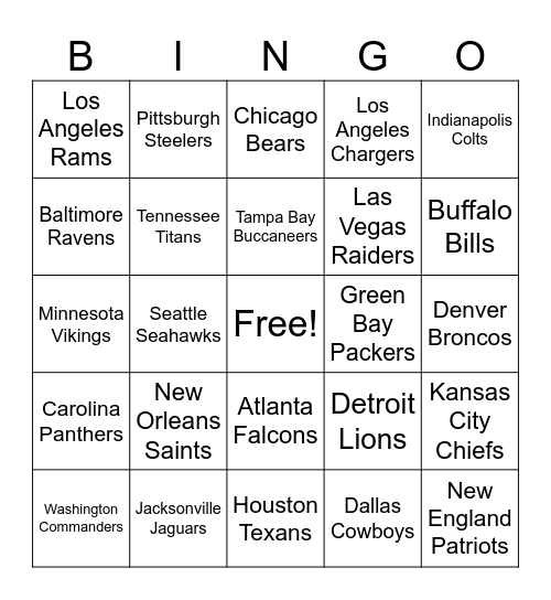 NFL Bingo Card