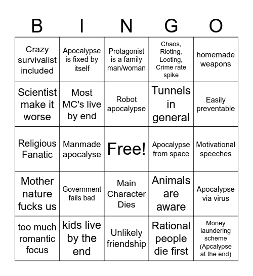 Apocalypse Bingo Card
