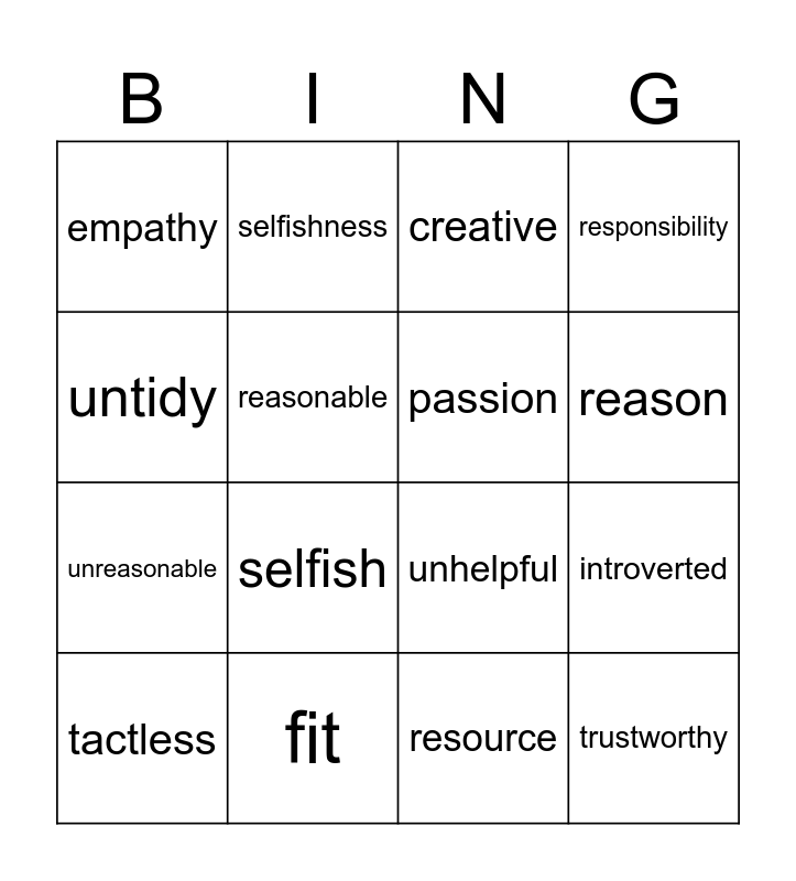 INT Personalities & Word Formation Bingo Card