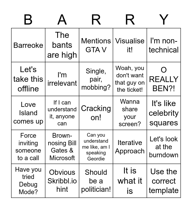 Barry Bingo Card