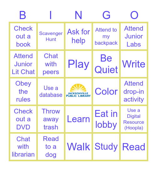 Things to do at the Library Bingo Card