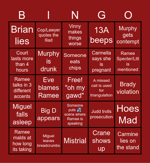 Ramee/Miguel Court Case Bingo Card