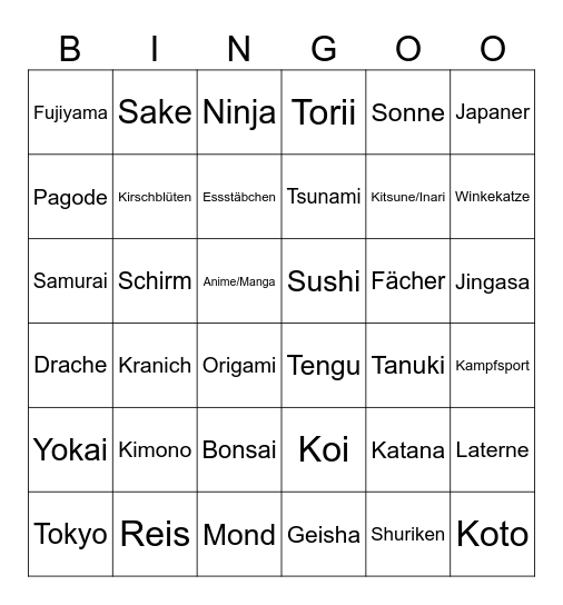 Japan Bingo Card
