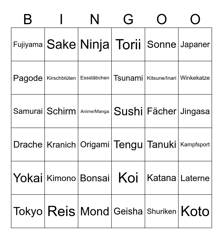 Japan Bingo Card