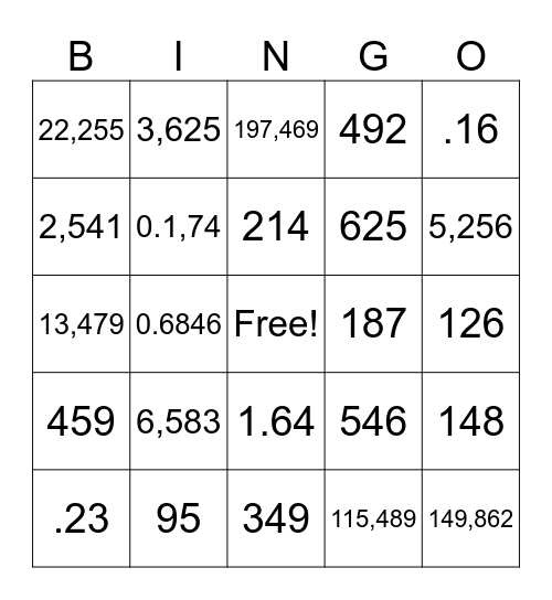 Numbers Bingo Card