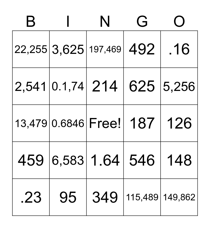 Numbers Bingo Card