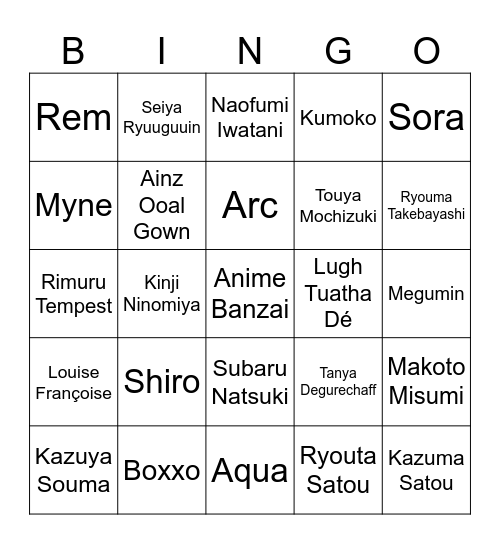 Isekai Fantasy Bingo Card