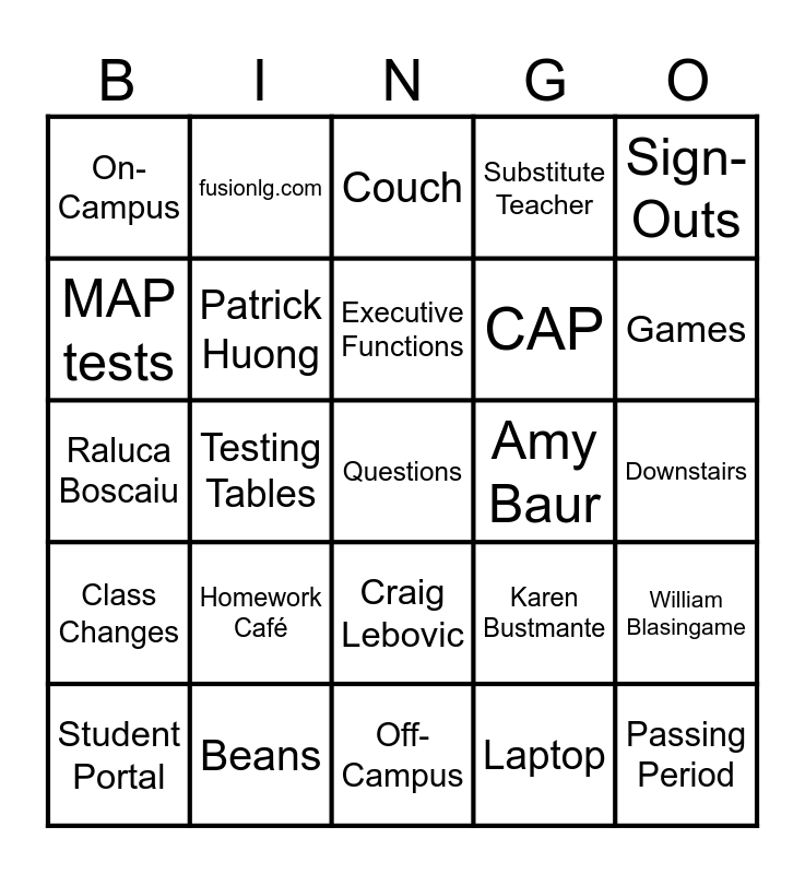 Homework Café Bingo Card