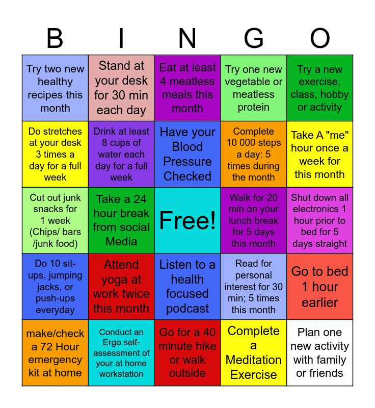 September Health and Fitness Bingo Card