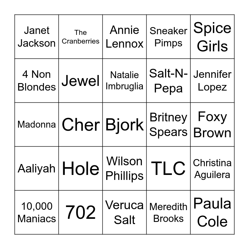 90s Girls Bingo Card