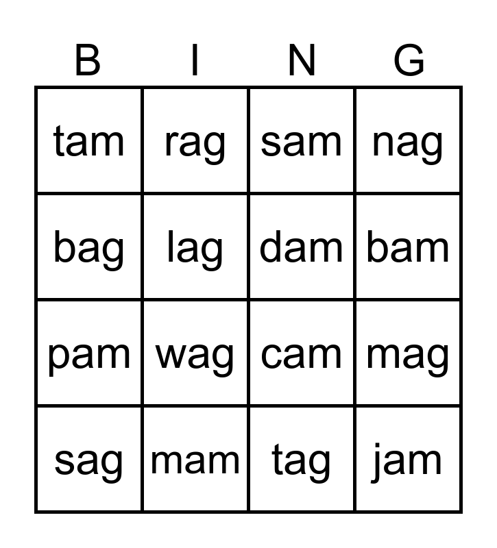 ag and am words Bingo Card