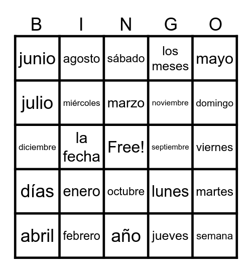 Días de la semana y meses Bingo Card