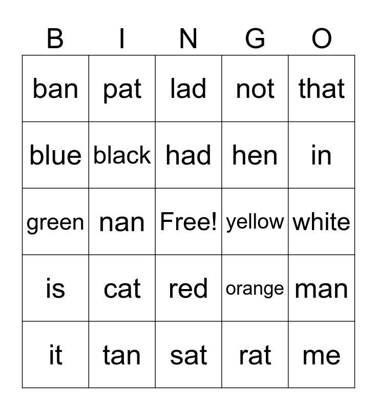 Short Vowels Bingo Card